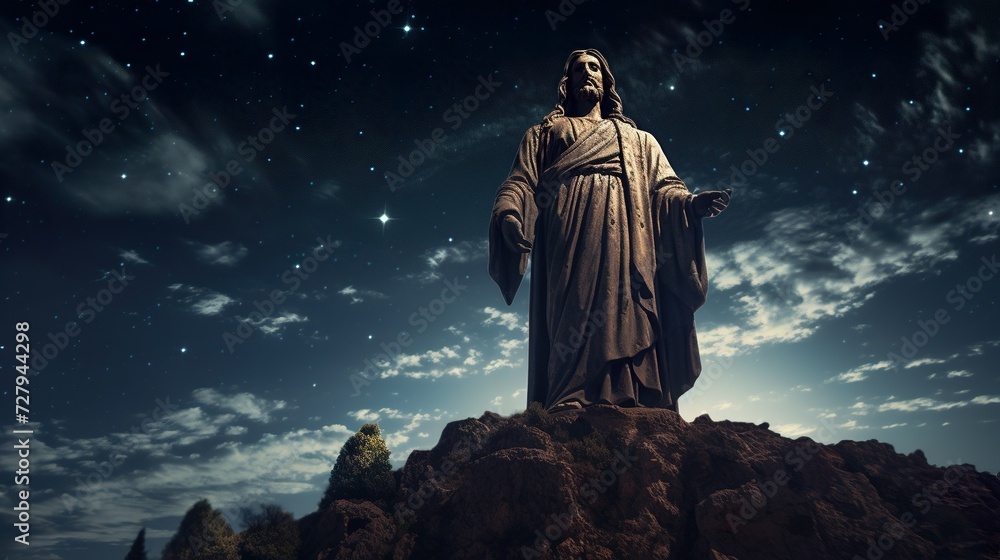 Jesus Christ statue on sunset sky background, christianity symbol Stock ...