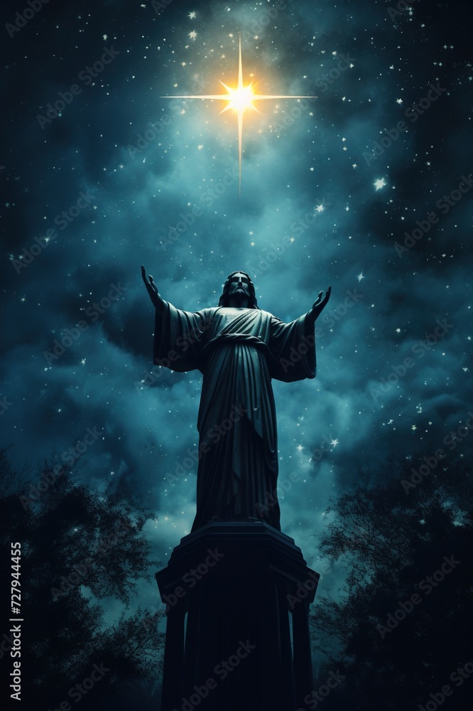 Jesus Christ statue on sunset sky background, christianity symbol Stock ...