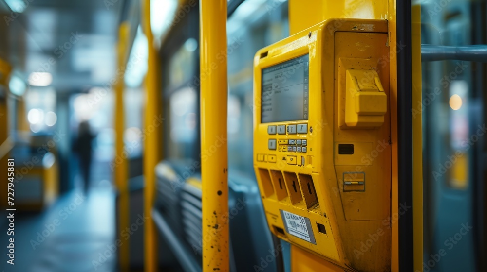 Bright yellow payment terminal on public transport with a sharp focus ...