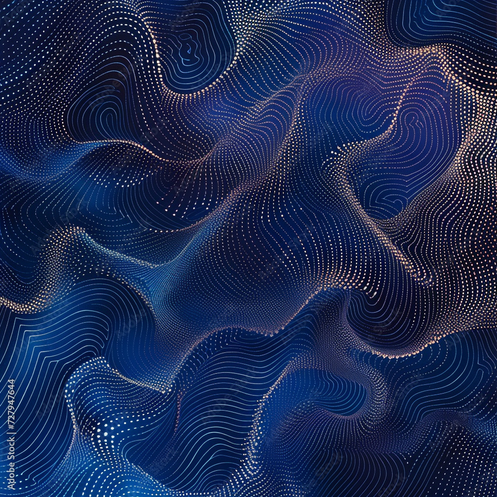 Intricate curve patterns formed by swirling dot lines in deep blue ...
