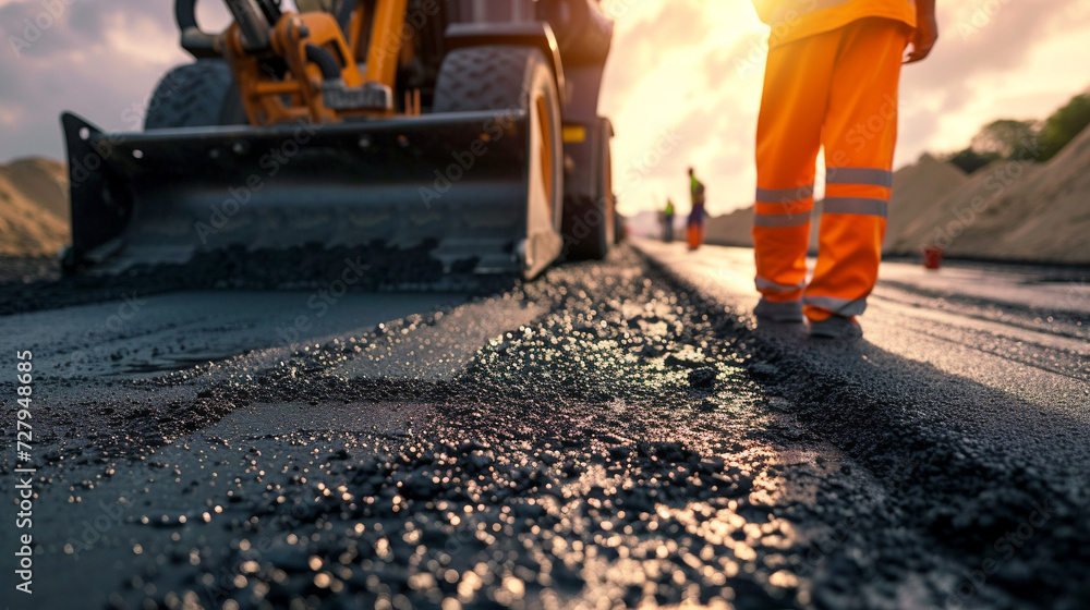 Civil engineer overseeing the roadway paving process, with a focus on ...