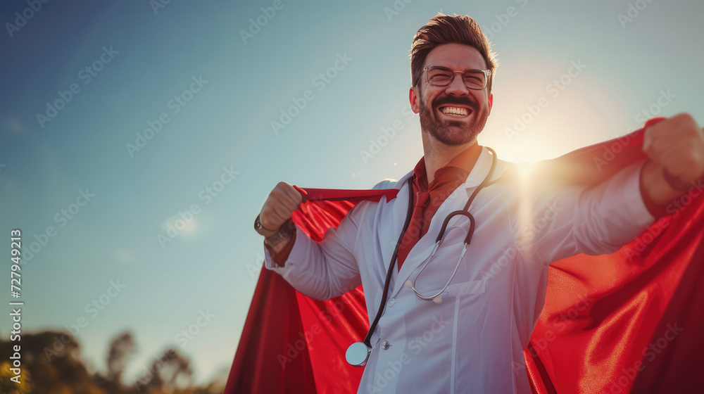 A radiant man in a white lab coat and stethoscope triumphantly wears a ...