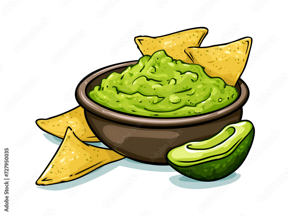 Guacamole and chips cartoon illustration on white. Sketch of creamy ...