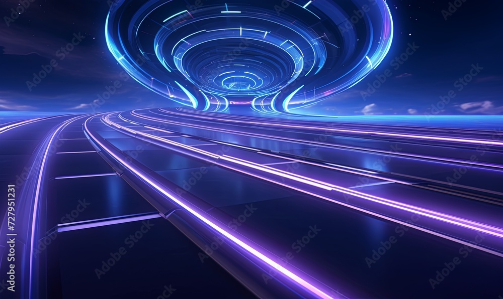 Neon racing cyber track background. Digital blank purple 3d tracks with ...