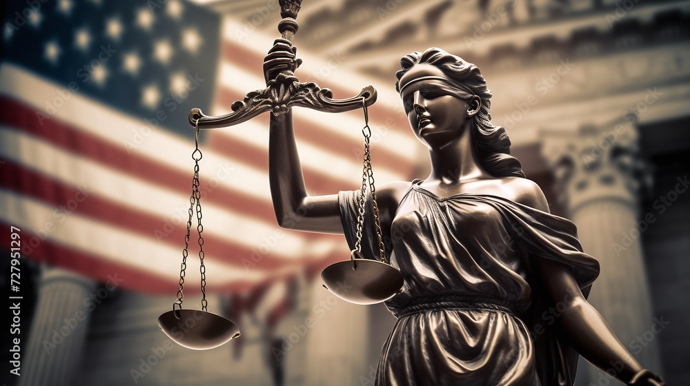 Statue of Lady Justice with American Flag Background Symbolizing the ...