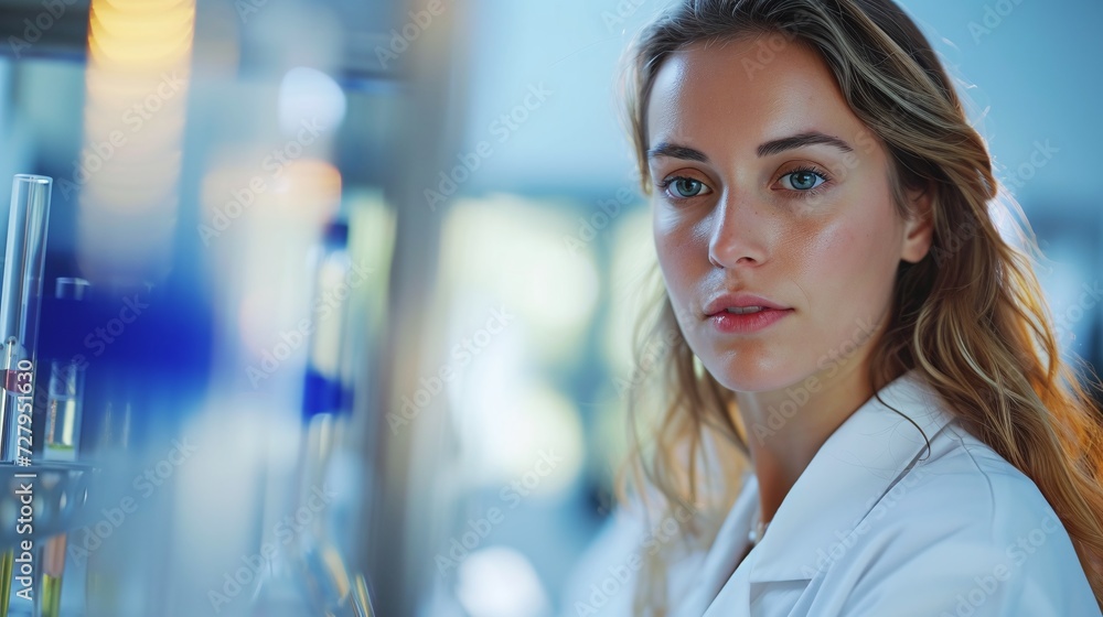 Focused Female Scientist in Lab Coat Conducting Research with Test Tube ...