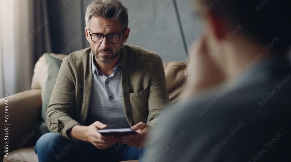 man with mental health problems is consulting. psychiatrist is recording the patient's condition ...