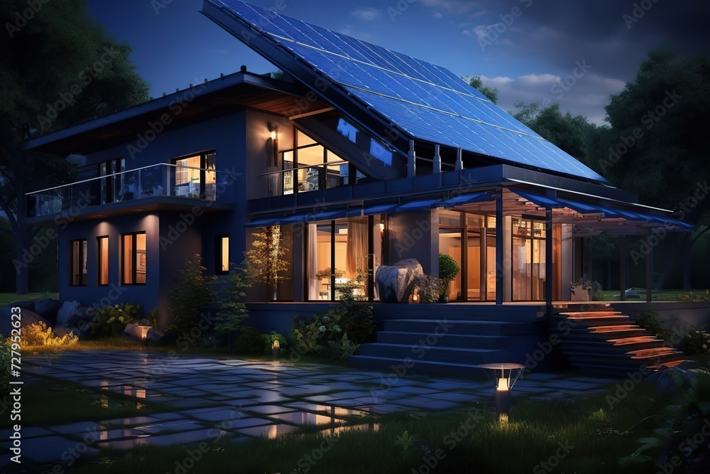 generic smart home with solar panels rooftop system for renewable energ ...