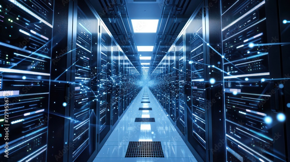 Shot of Corridor in Working Data Center Full of Rack Servers and ...