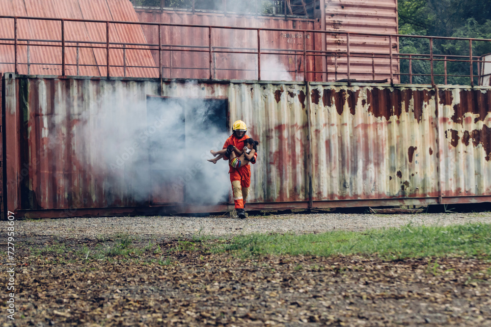 Firefighter to save girl in fire and smoke. Rescue Team or Firefighters ...