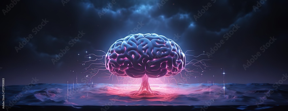 Brainstorming concept as a human brain with lightning in the background ...