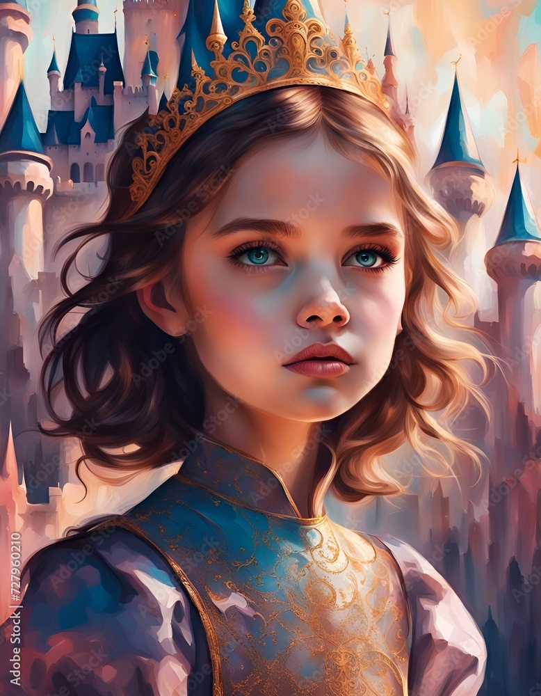Young Princess Wearing a Golden Crown in Front of a Fairytale Castle ...