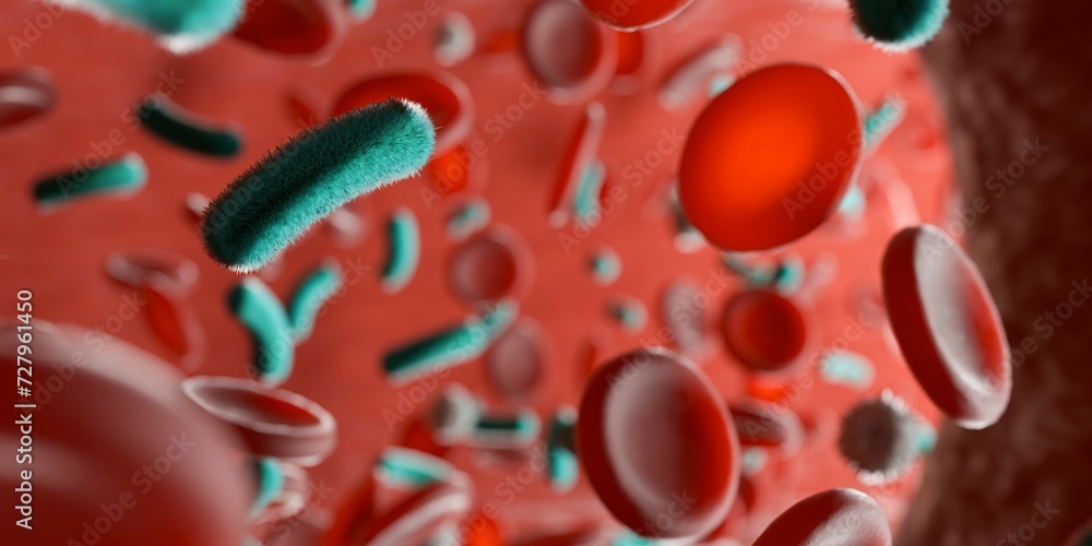 Bacteria in between red blood cells or corpuscles (erythrocytes) in ...