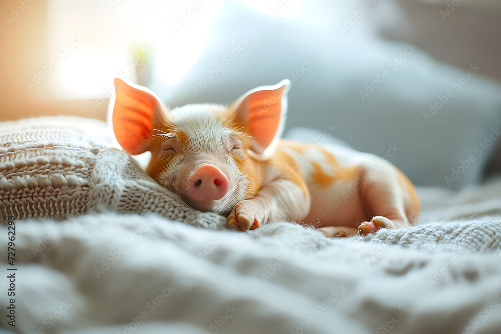 cute little piglet sleeping on a pillow, warm soft bed. Pig, pet ...