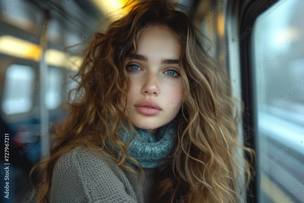 A portrait of a woman with long brown hair and piercing blue eyes ...