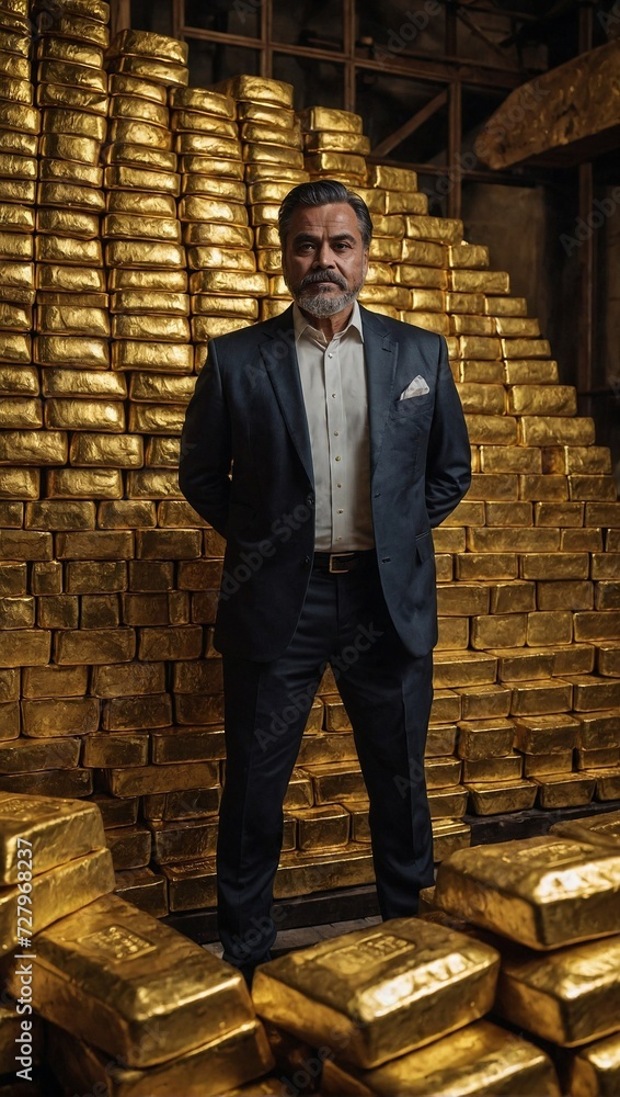 Man standing with a huge amount of gold bars. Wealth and luxury concept ...
