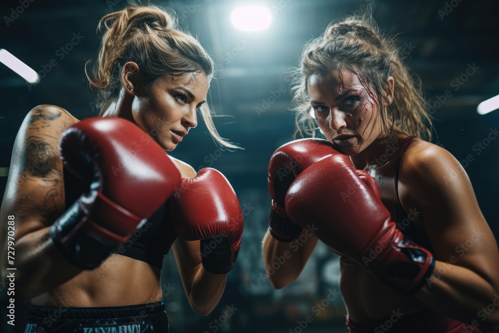 Two women standing side by side, ready for a boxing match, Young woman ...