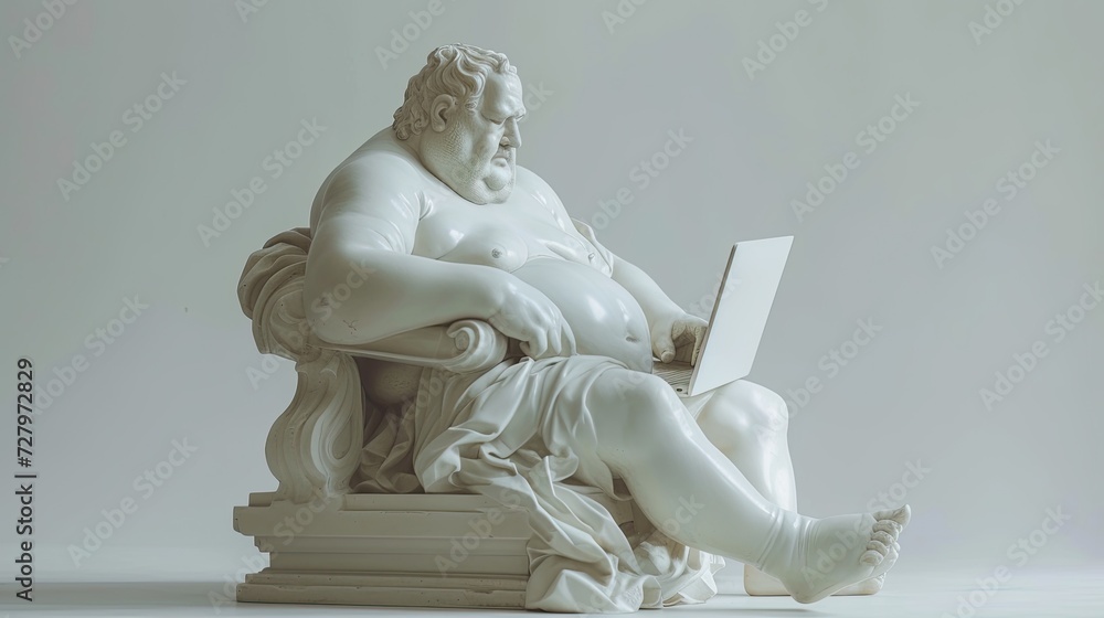 White marble statue representing an obese man sitting with a computer ...