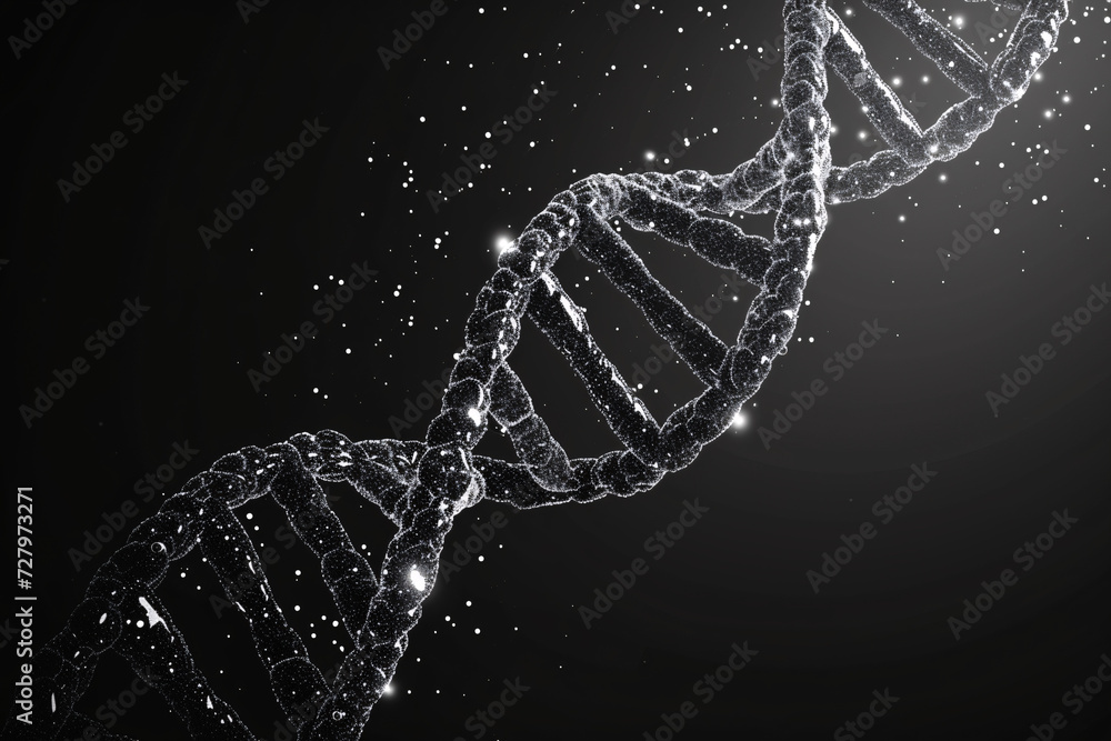 Digital render of DNA structure with luminous nodes on black Stock ...