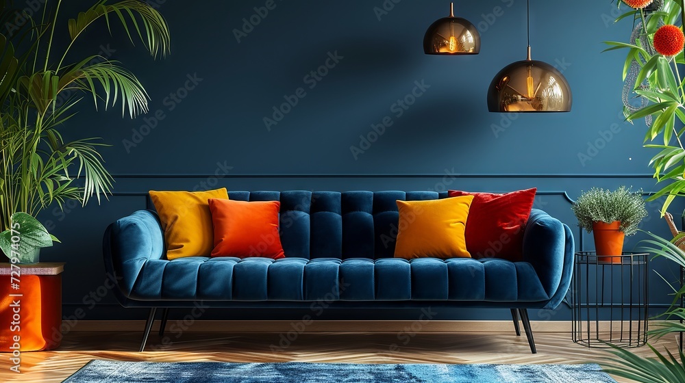 Stylish interior design with vibrant yellow sofa and blue accents in a ...