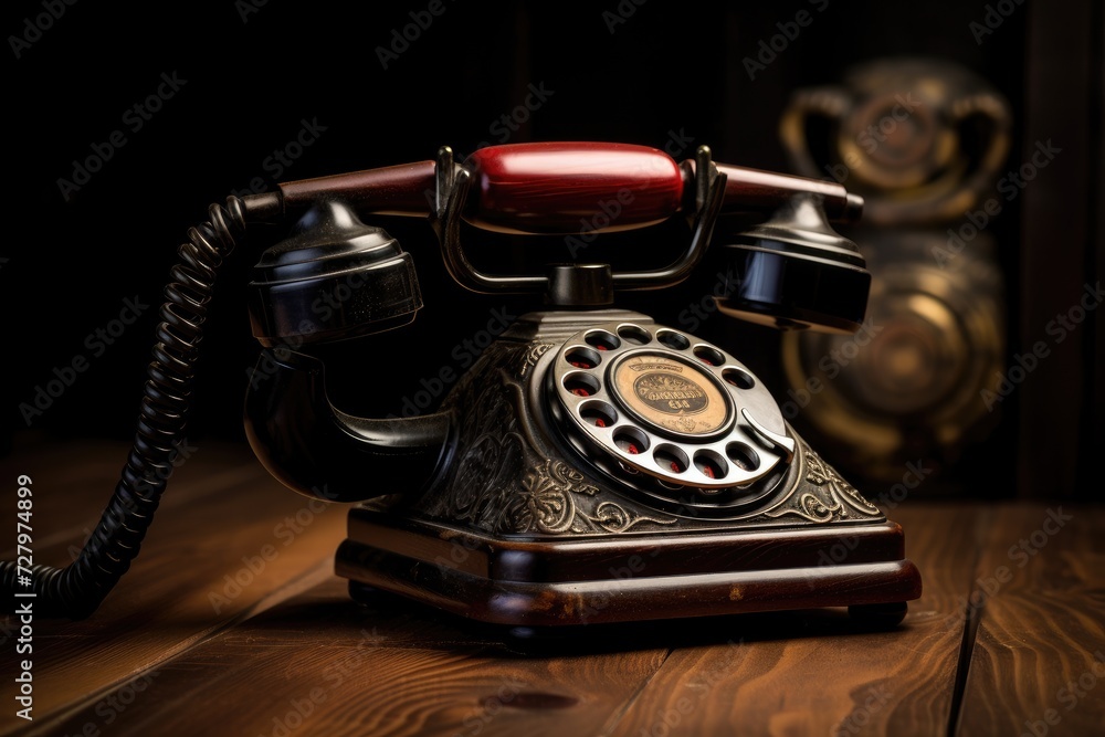An antique telephone placed on a rustic wooden surface, adding a touch ...