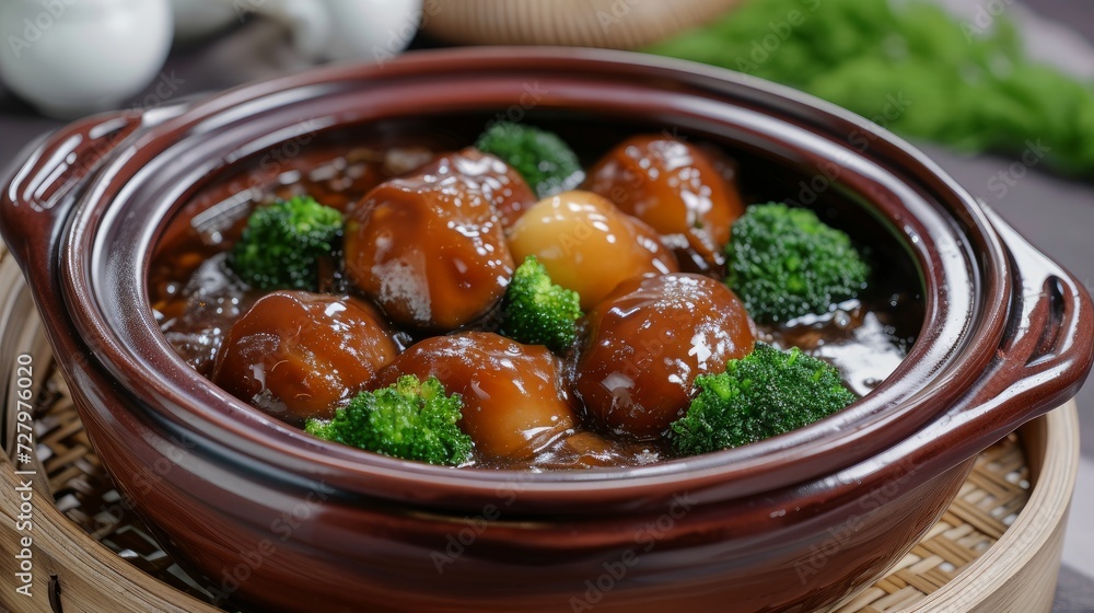 A luxurious dish of braised abalone accompanied by tender broccoli and ...