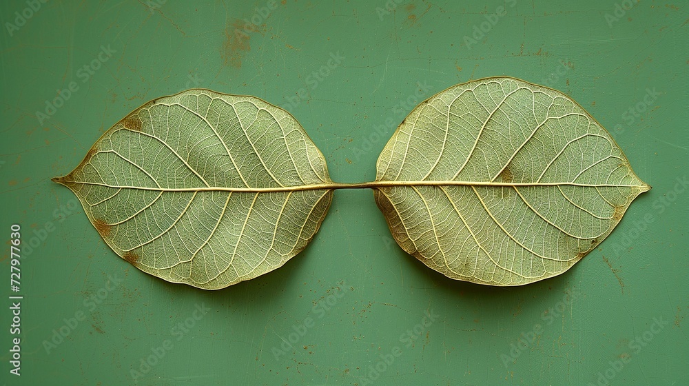 Two identical leaves forming a perfect symmetry on a green background ...