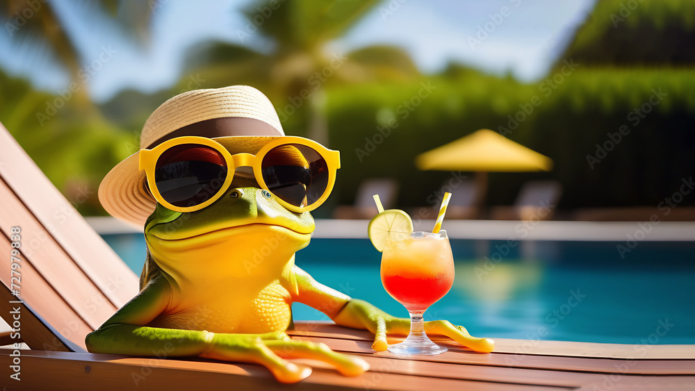 Summer vacation concept. A frog in sunglasses and a straw hat with a ...