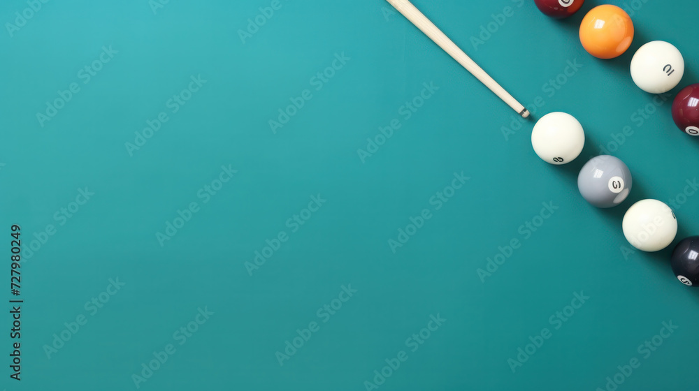 Top view of pool billiards snooker balls on green table with setup ...