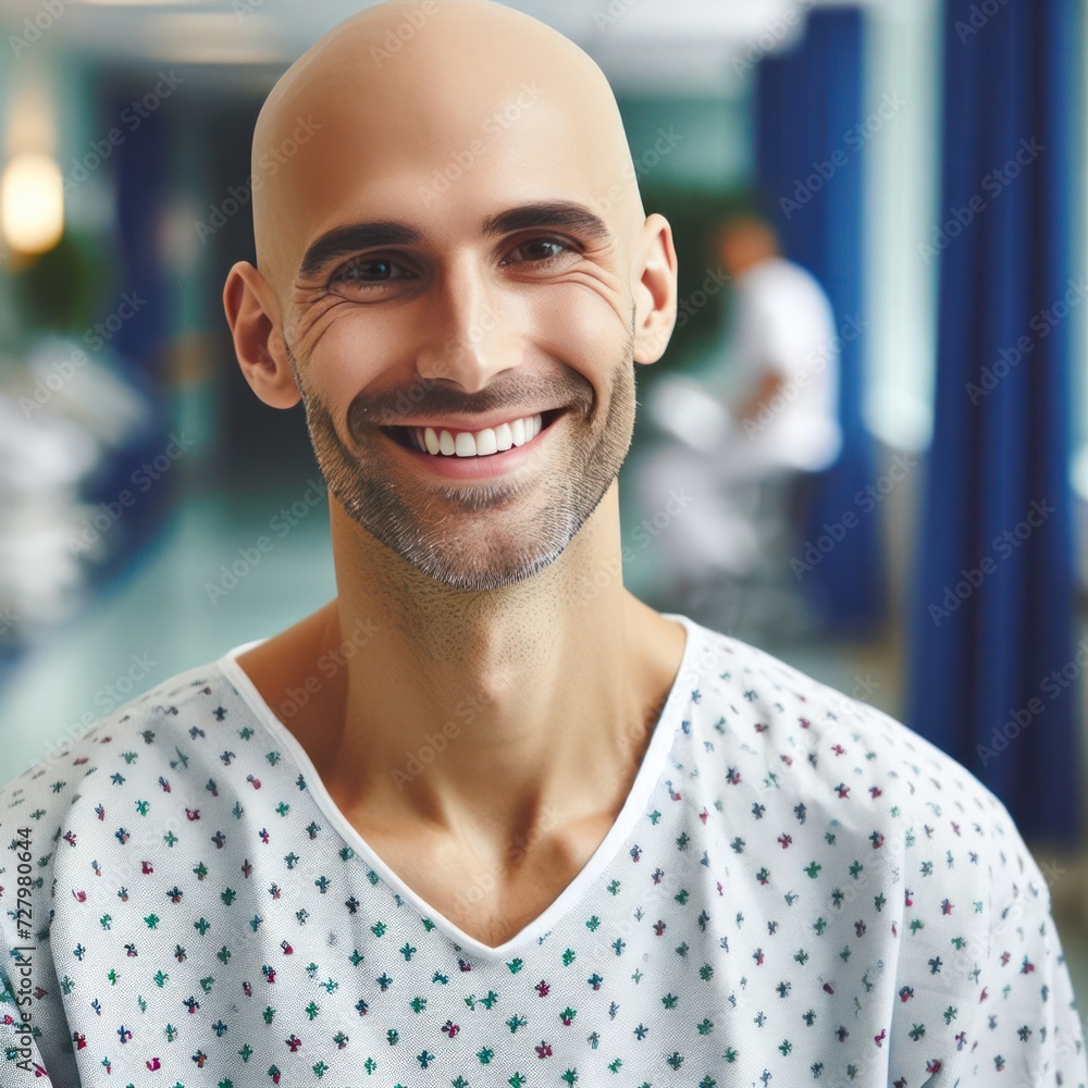 Happy bald cancer patient looking at the camera with a blurred hospital ...