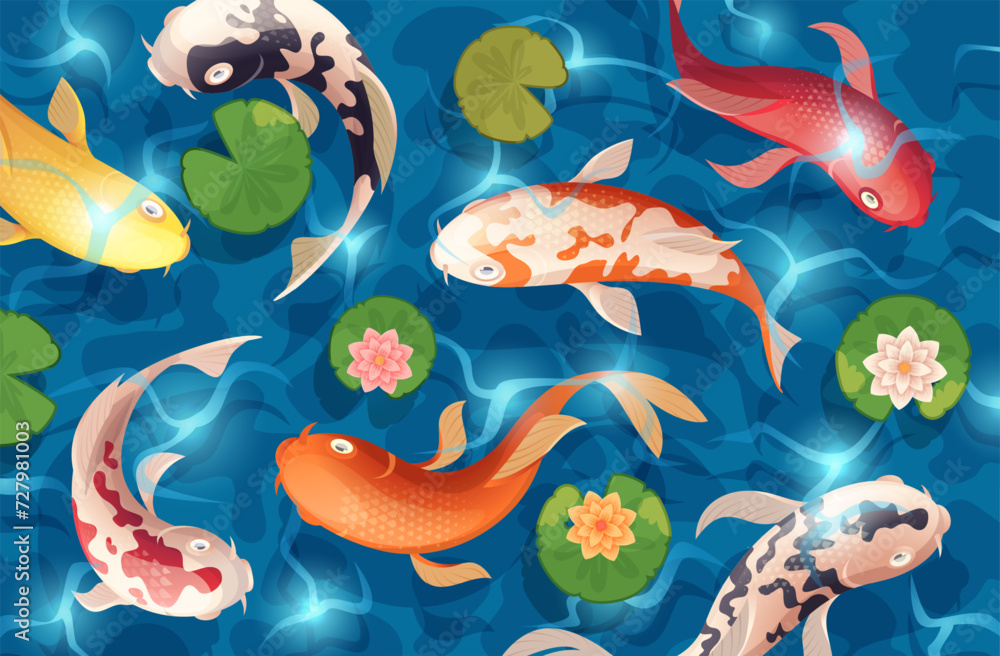 Koi fish background. Water swimming animals in cartoon style exact ...