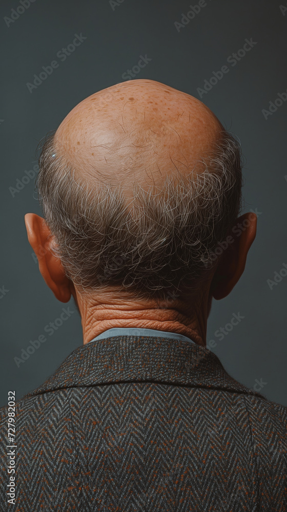 Male pattern baldness on older man with brown grey hair, bald crown ...