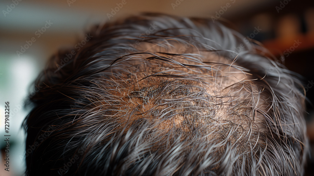 Close up of crown of head of a man with scabs and hair loss due to ...