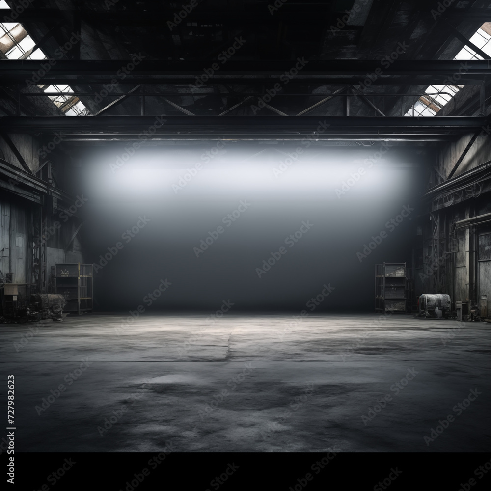 Industrial empty warehouse room with wall and spotlights for shooting ...