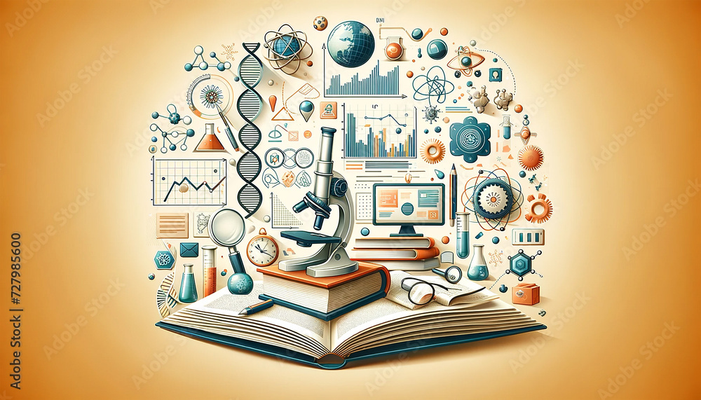 Open book with scientific and educational themed icons and ...