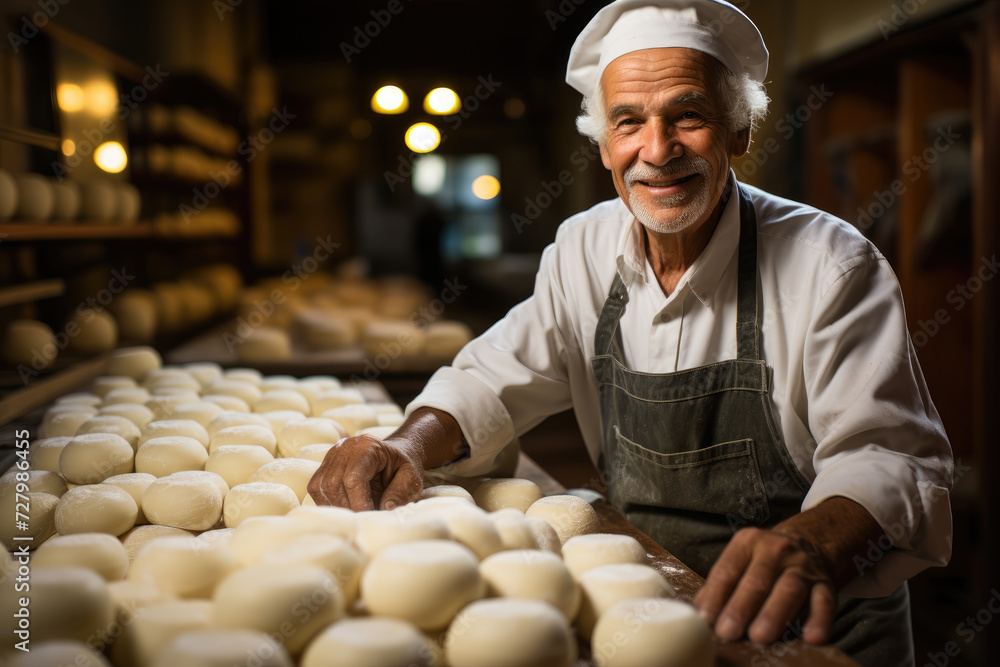 A smiling cheesemaker in traditional attire stands proudly by rows of ...