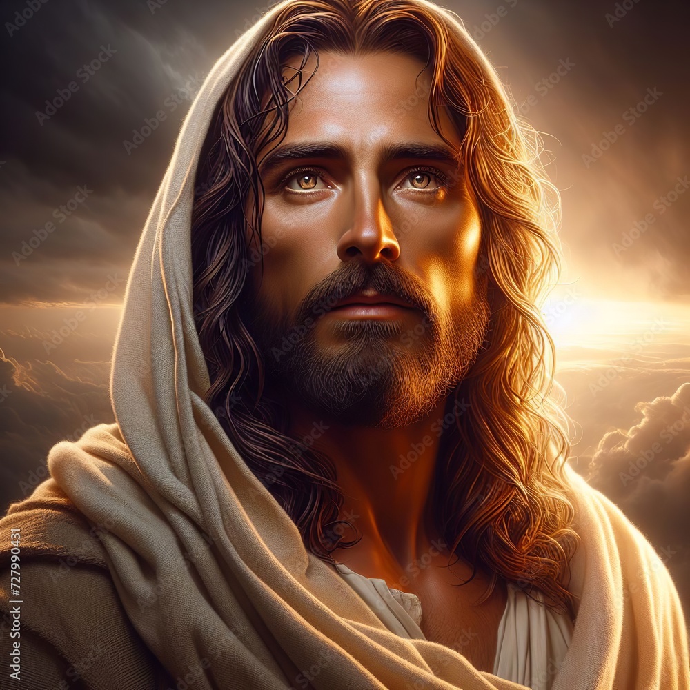 Jesus Christ with crown of thorns on sunset sky background. 3d ...