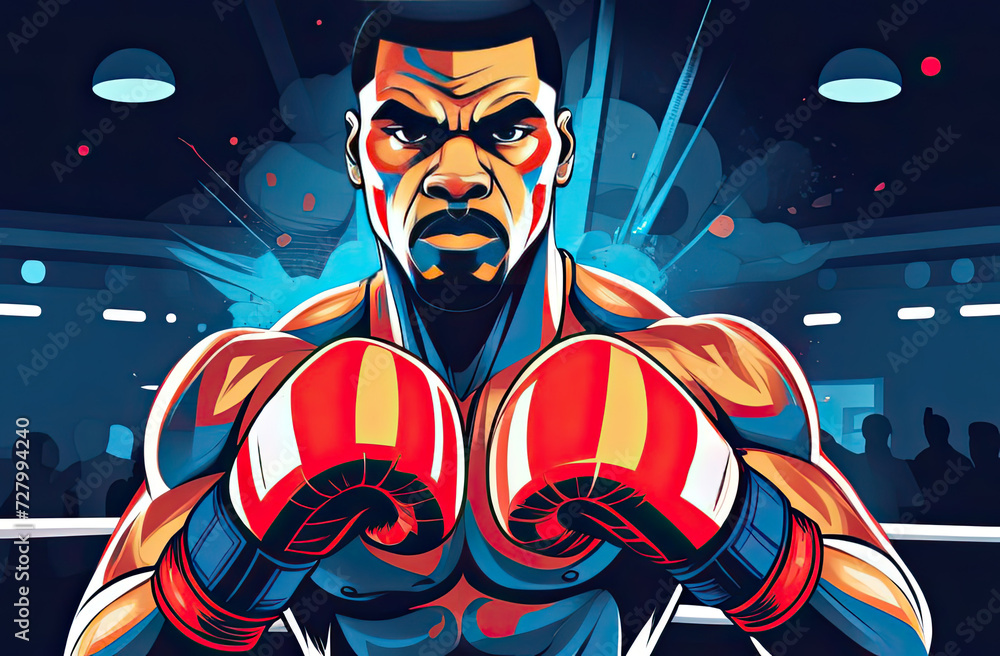 African-American male boxer with gloves, focused and intense gaze ...