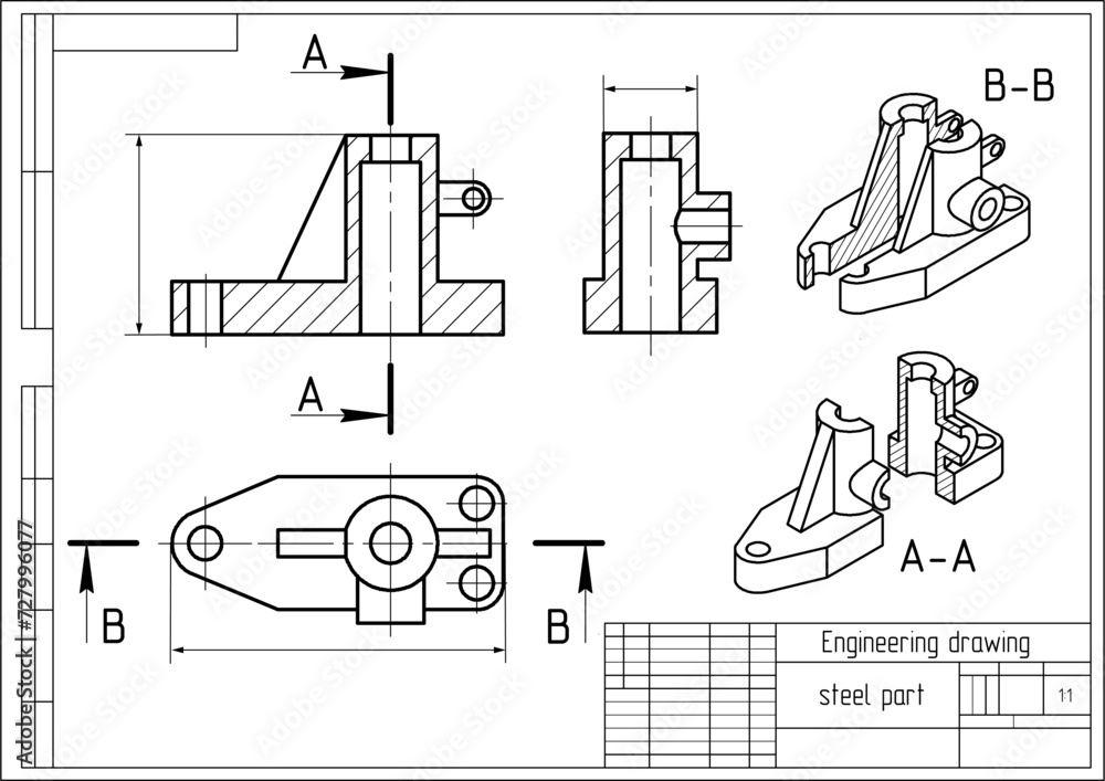 Vector drawing of a steel mechanical part with through holes and ...