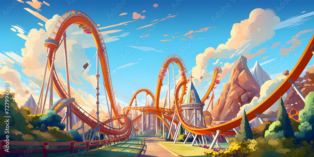 Cartoon rollercoaster, rollercoaster, amusement park, cartoon amusement ...