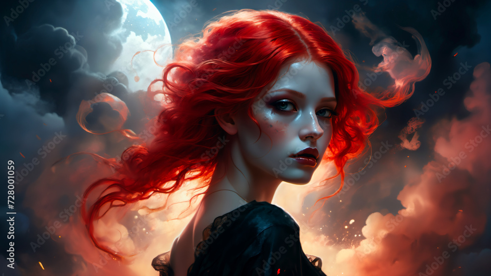 Une illustration captivante révèle une femme aux cheveux rouges baignée ...