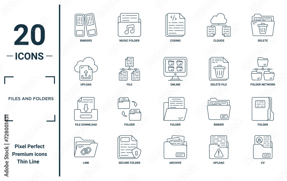 files and folders linear icon set. includes thin line binders, upload ...