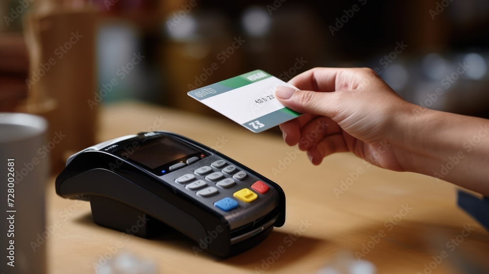 At the cash desk, a customer effortlessly pays with a credit card at ...