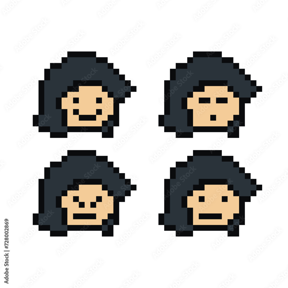 Cute pixel cartoon face 8bit character woman face mood emotion ...
