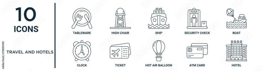 travel and hotels outline icon set such as thin line tableware, ship ...