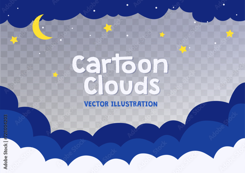 Dreamy night sky background. Cartoon style scene with white fluffy ...