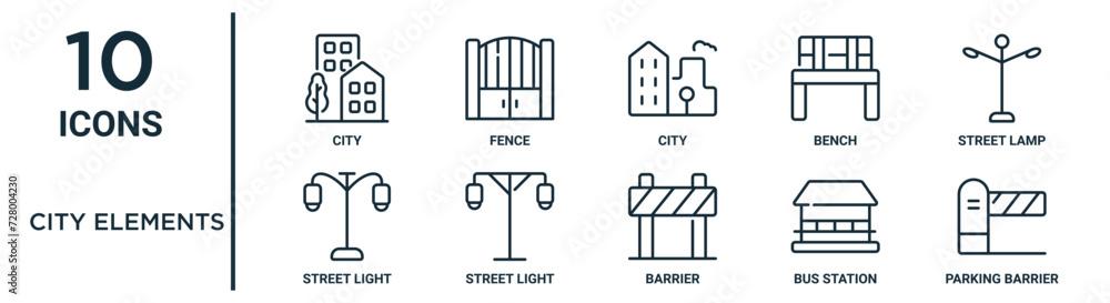 Vetor de city elements outline icon set such as thin line city, city, street lamp, street light ...