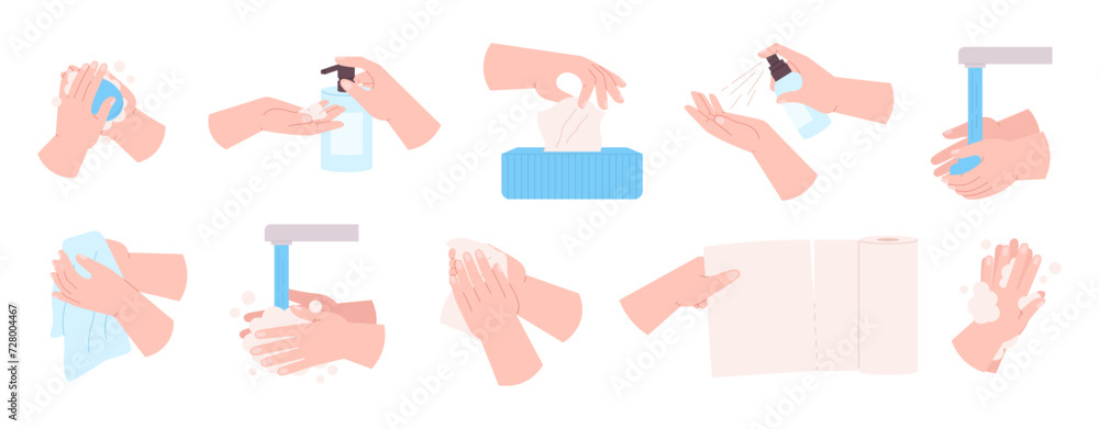 Washing hands. Personal hygiene, using tissue, soap and disinfectant ...