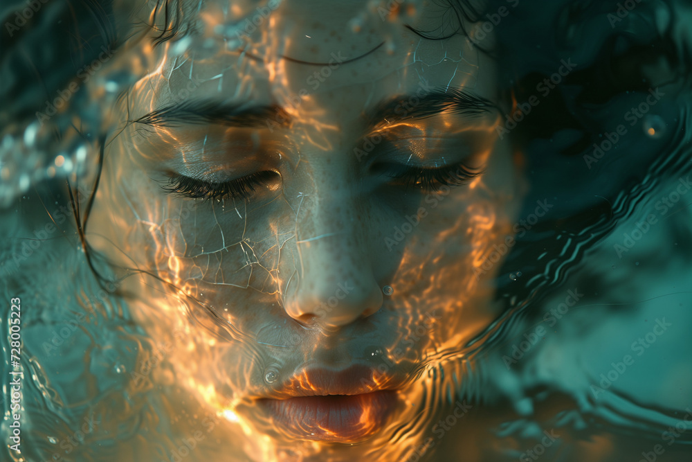 Woman's Face Enveloped in Flames and Water, Porcelain Mask Cracks ...