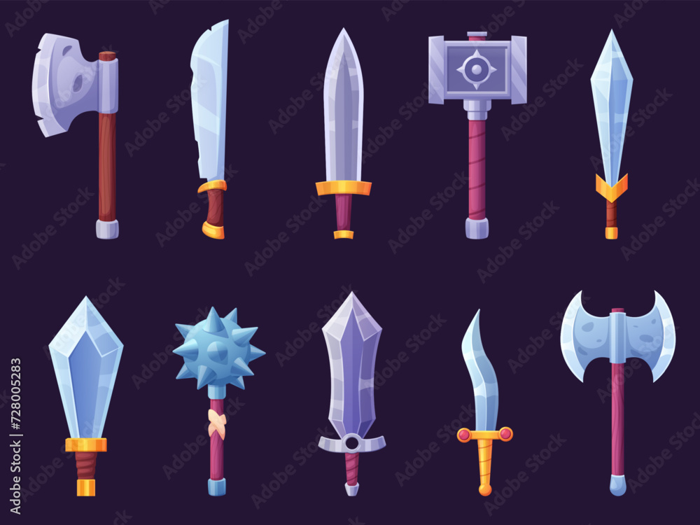 Medieval cartoon weapon. Swords and knife, sabre, axe and hammer. Old ...